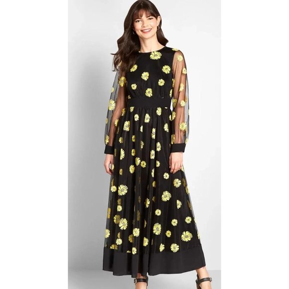 Modcloth | Dresses | Modcloth Black Yellow Floral Be My Guest Sheer ...